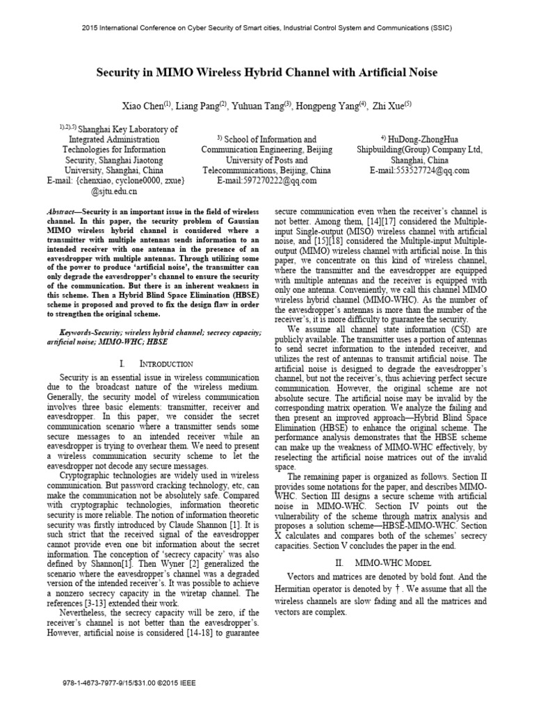 Security in MIMO Wireless Hybrid Channel With Artificial Noise | PDF | Telecommunications ...