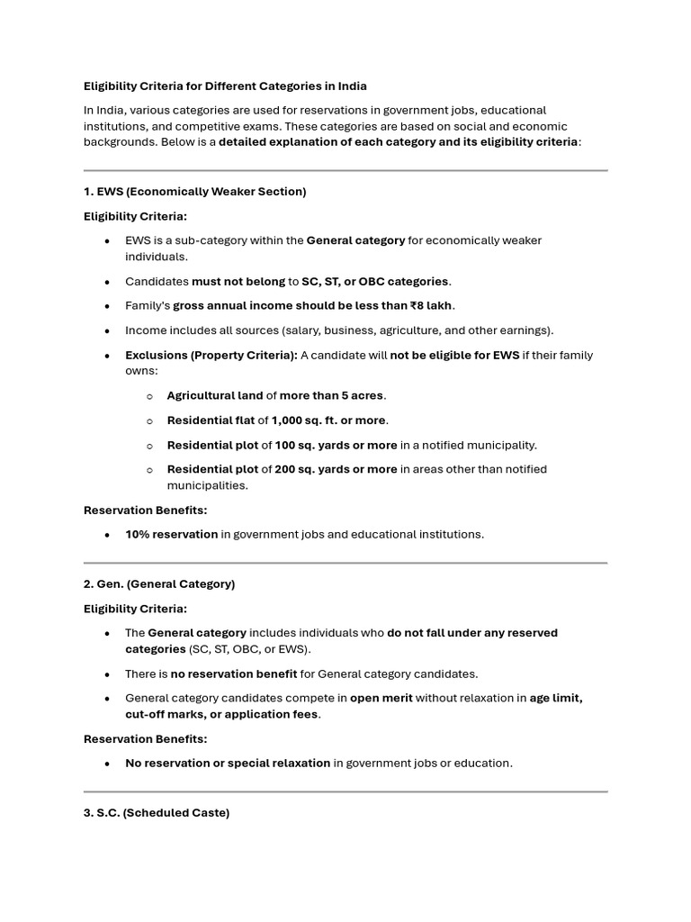 Eligibility Criteria for Caste Categories | PDF | Social Inequality | Discrimination & Race ...