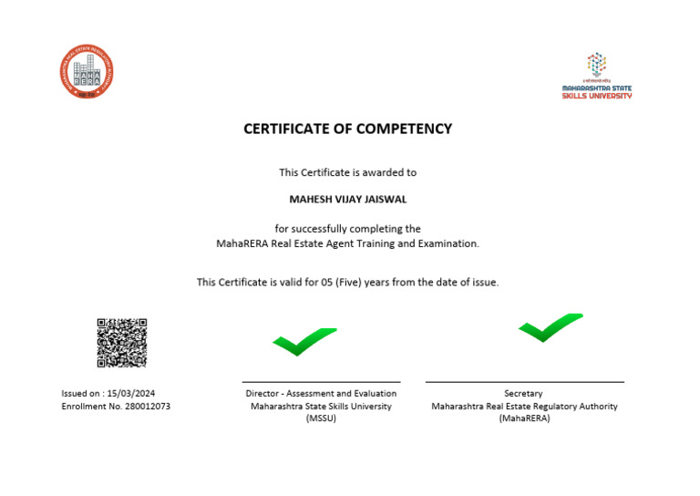 MahaRERA Competency Certificate Awarded | PDF