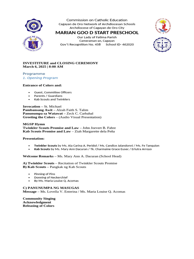 Investiture 2024-2025 Program | PDF