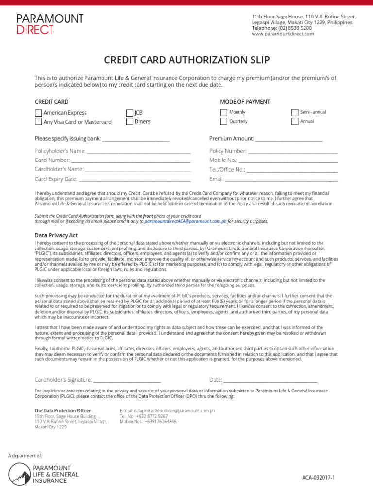 Credit Card Authorization Slip | PDF | Credit Card | Insurance