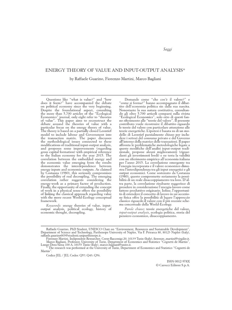 Guarino, Martini, Bagliani - Energy Theory of Value and Input-Output Analysis | PDF | Measures ...