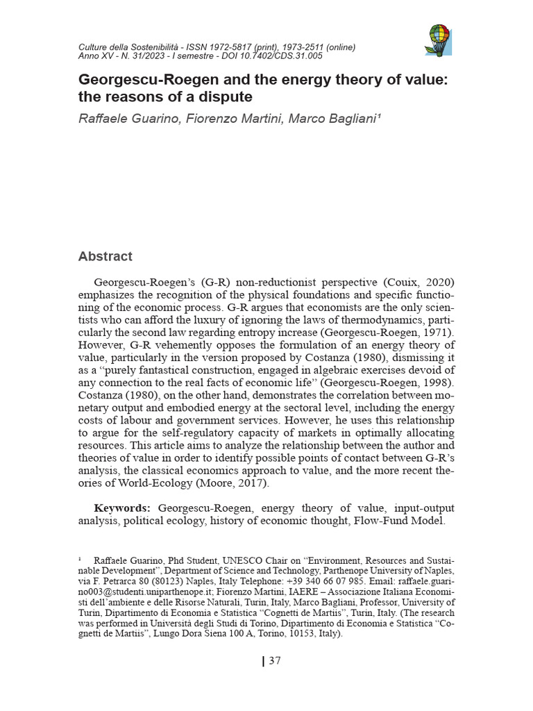 Georgescu-Roegen and Energy Theory of Value | PDF | Value (Economics ...