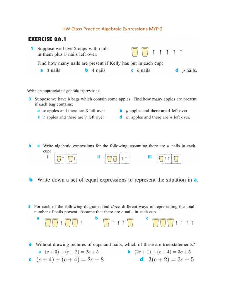 HW Class Practice Algebraic Expressions 8A1 MYP 2 | PDF
