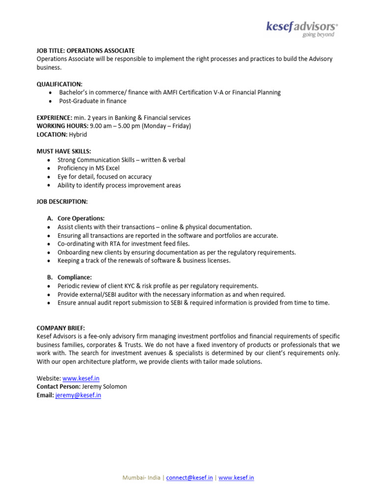 Job Profile - Operations Associate | PDF