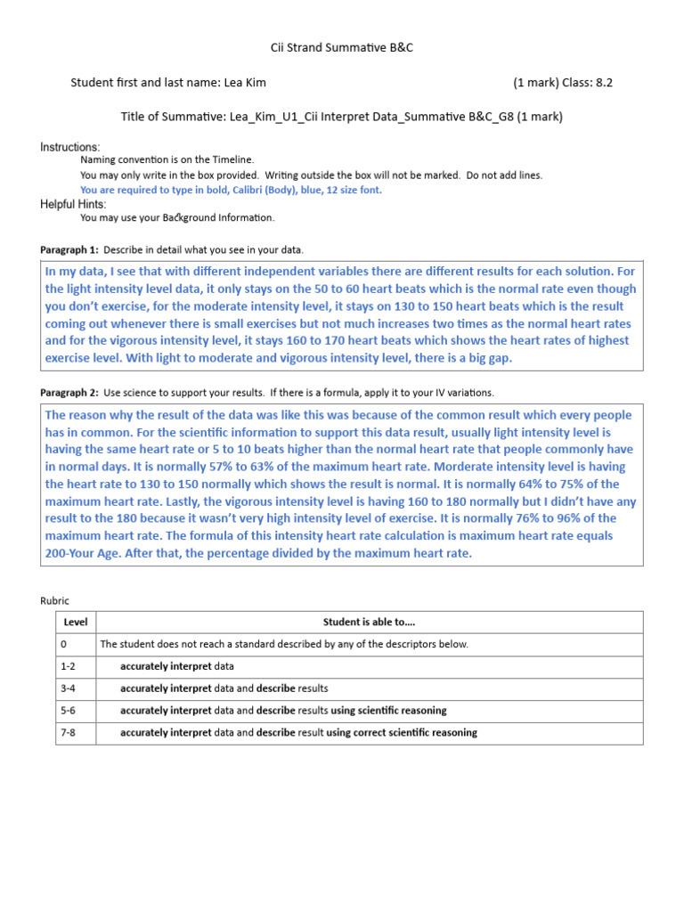 Lea Kim U1 Cii Interpret Data Summative B&C G8 | PDF | Heart Rate