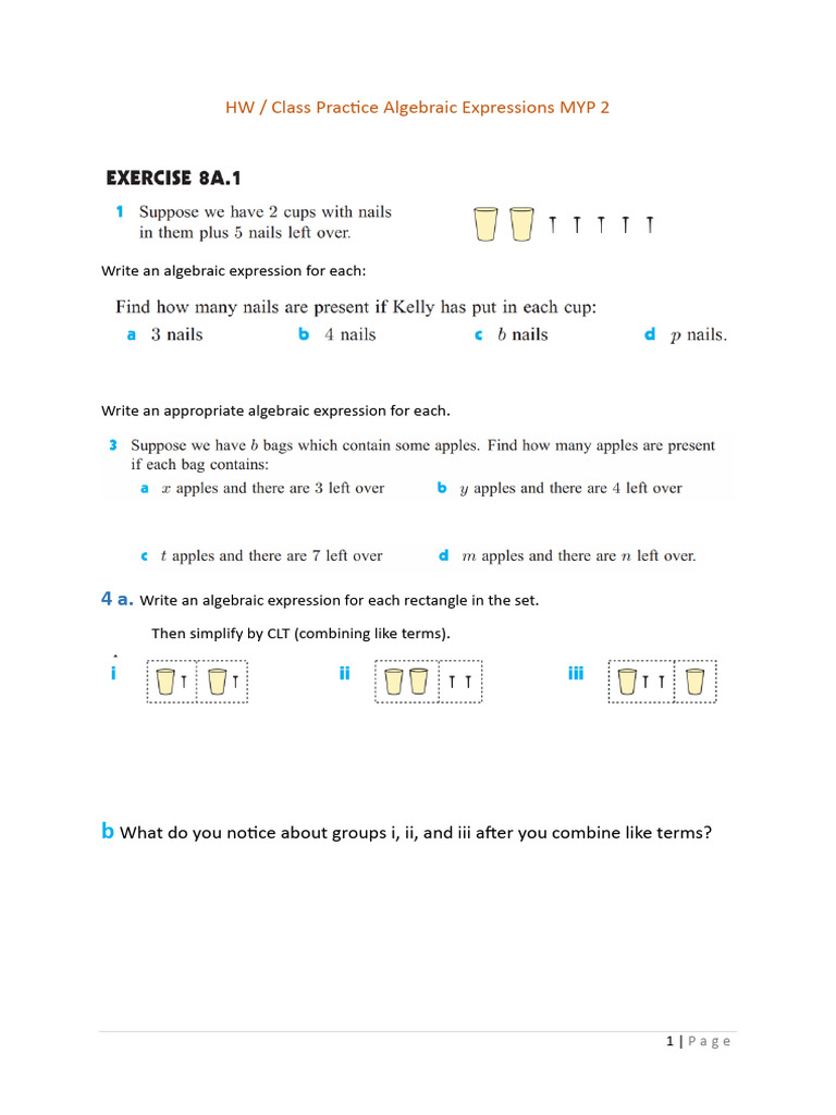 HW Class Practice Algebraic Expressions MYP 2 | PDF