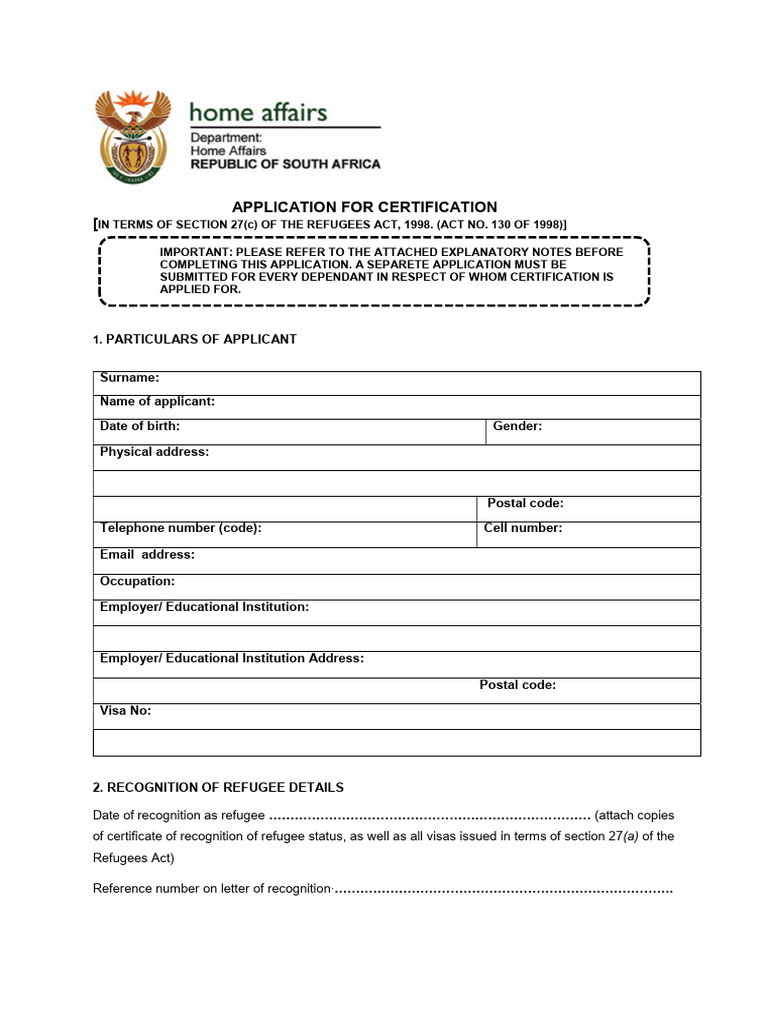 Refugee Status Certification Application | PDF | Refugee | Immigration Law