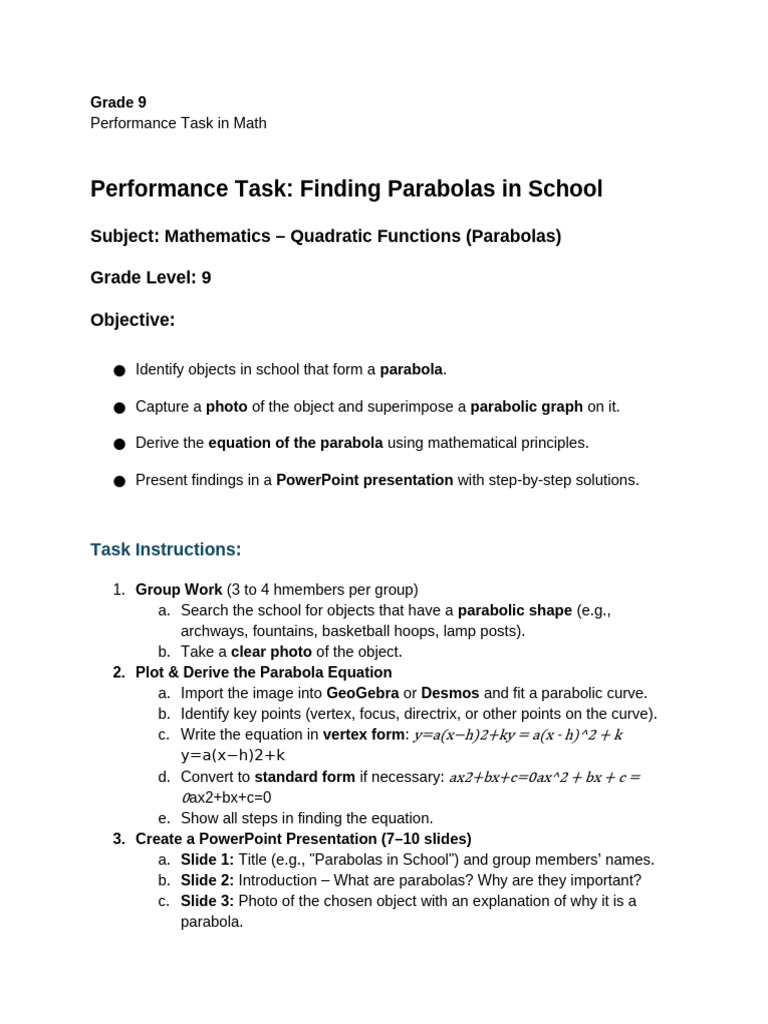 Performance Task in MATH 9 | PDF | Analytic Geometry