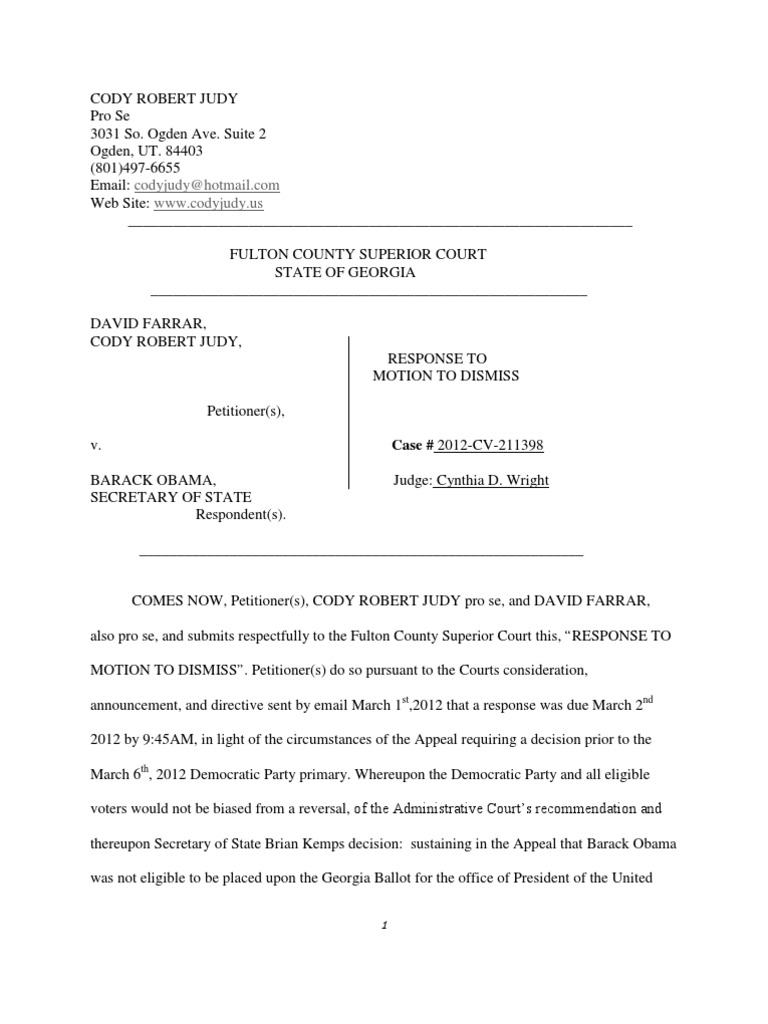 Response to Motion To Dismiss Barack Obama Georgia Ballot Challenge ...