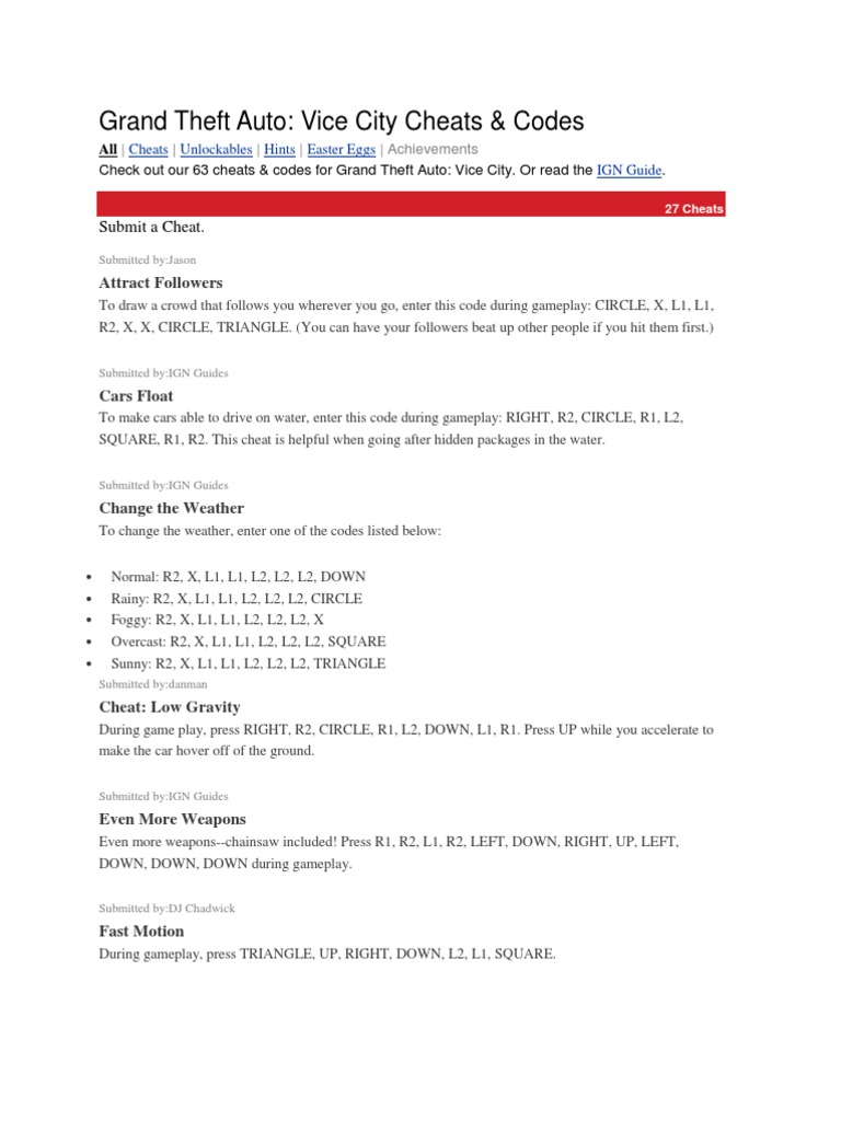 Vice City ps2 Cheat Codes | Download Free PDF | Cheating In Video Games ...