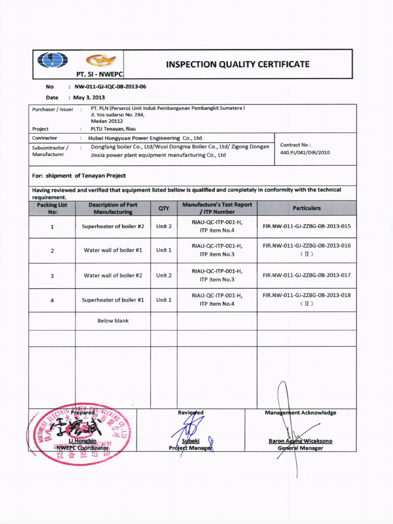 IQC-006 IQC Tenayan Project Shipment # (Super Heater #1 & #2, Water ...