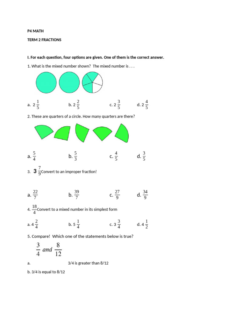 Mathematics (Quiz in English) Primary 4 FRACTION II | PDF | Elementary ...