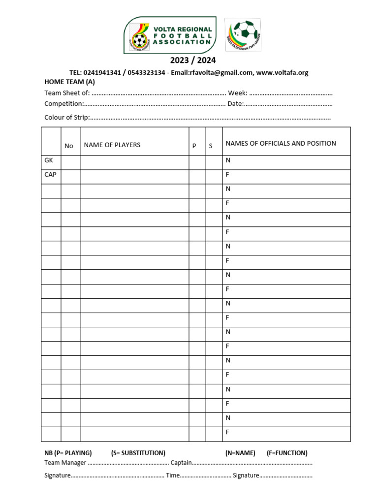 VRFA Team Sheet & Subs Form (Final) | PDF