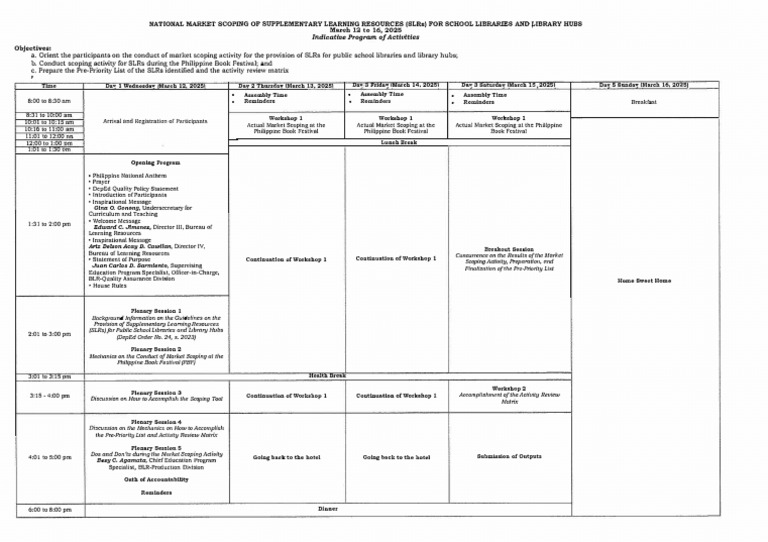 Indicative Program of Activities - Market Scoping 2025 | PDF