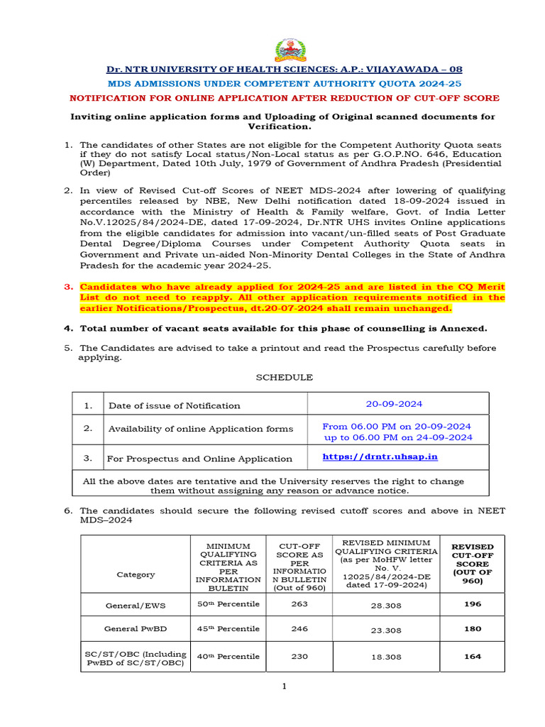 MDS CQ 2024-25 - Detailed Notification For Online Applications Due To ...
