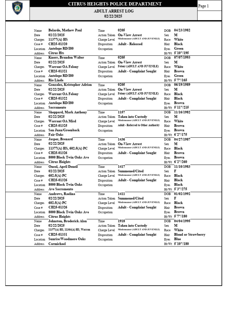 02-22-2025 Arrest Log | PDF | Criminal Justice | Crime & Violence