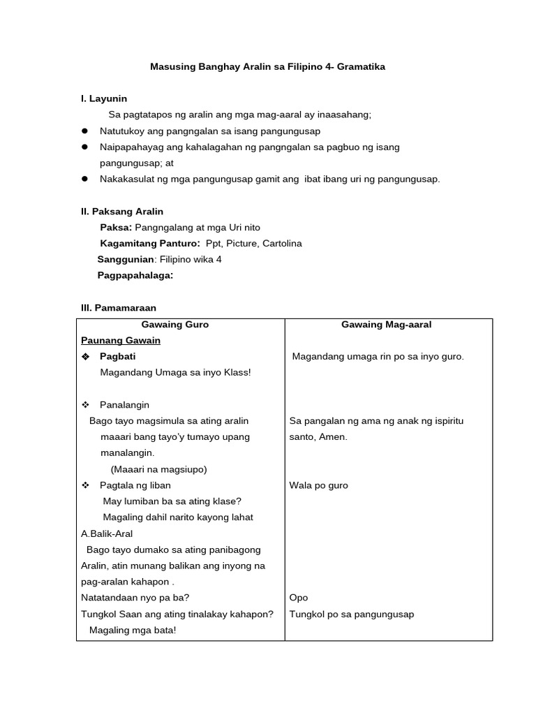 Masusing Banghay Aralin Sa Filipino 4 | PDF