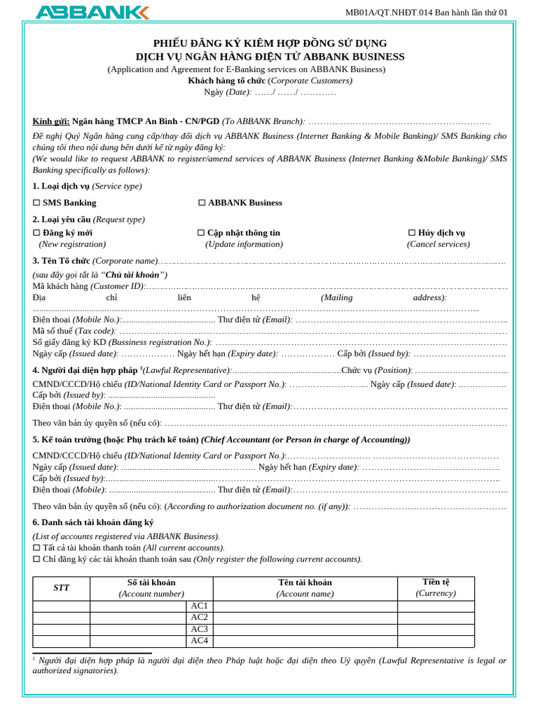 8. MB 01A Phieu dang ky kiem hop dong su dung dich vu Ngân hàng Điện tử ABBANK Busniness | PDF