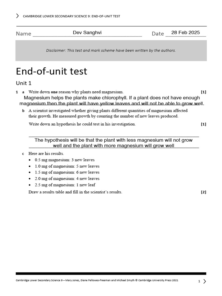 Cambridge Science 9 Unit Test Guide | PDF | Photosynthesis | Plants