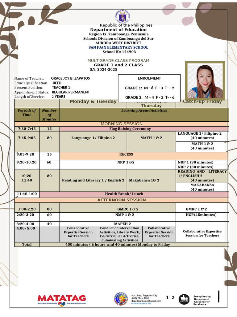 Class Program For Multigrade Classes 1& 2.2024-2025docx | PDF