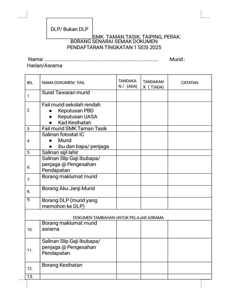 Borang Senarai Semak - Form 1 2025 | PDF