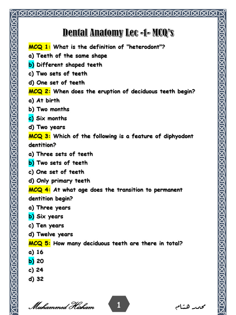 Dental Anatomy MCQs and Answers | PDF | Dental Anatomy | Tooth