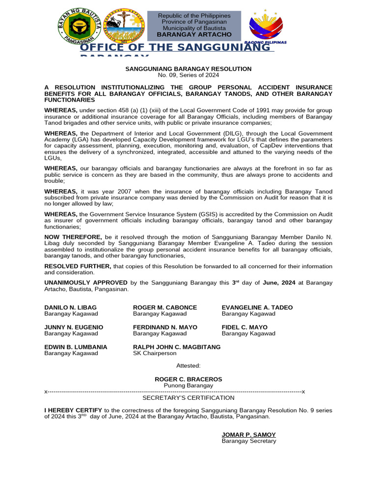 RESOLUTION NO.09, 2024 FFWD - PROVISION OF INSURANCE OF BARANGAY ...