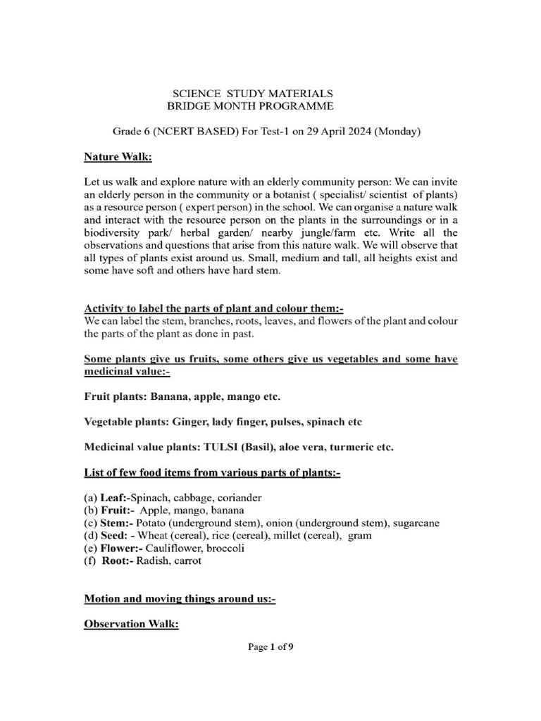 SCIENCE BRIDGE BOOKLET NCERT BASED FOR TEST -1 CLASS VI 2024-25 | PDF