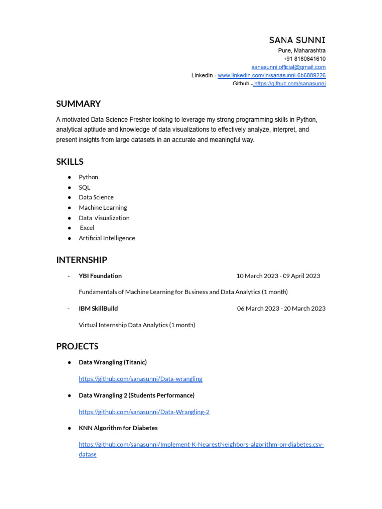 Sana Sunni Updated Resume | PDF | Data Science | Data