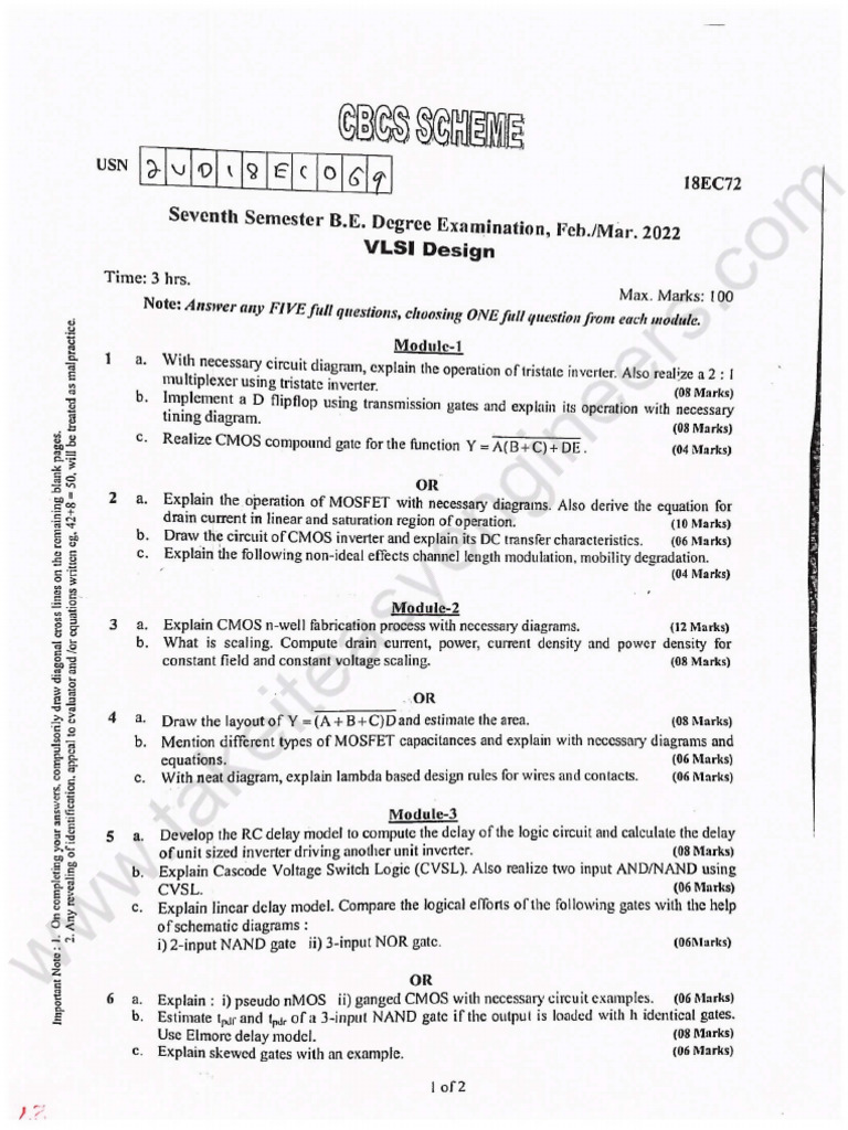VTU 18EC72 VLSI Question Paper | PDF