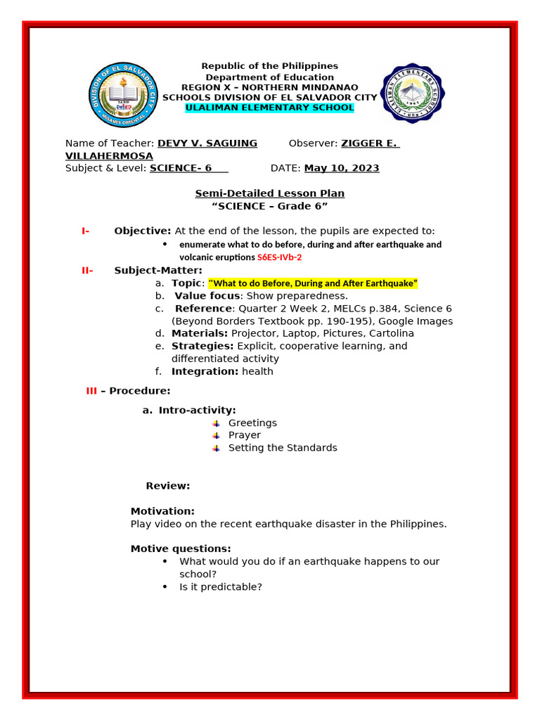 Lesson Plan Science 6 - For Merge | PDF | Earthquakes | Learning