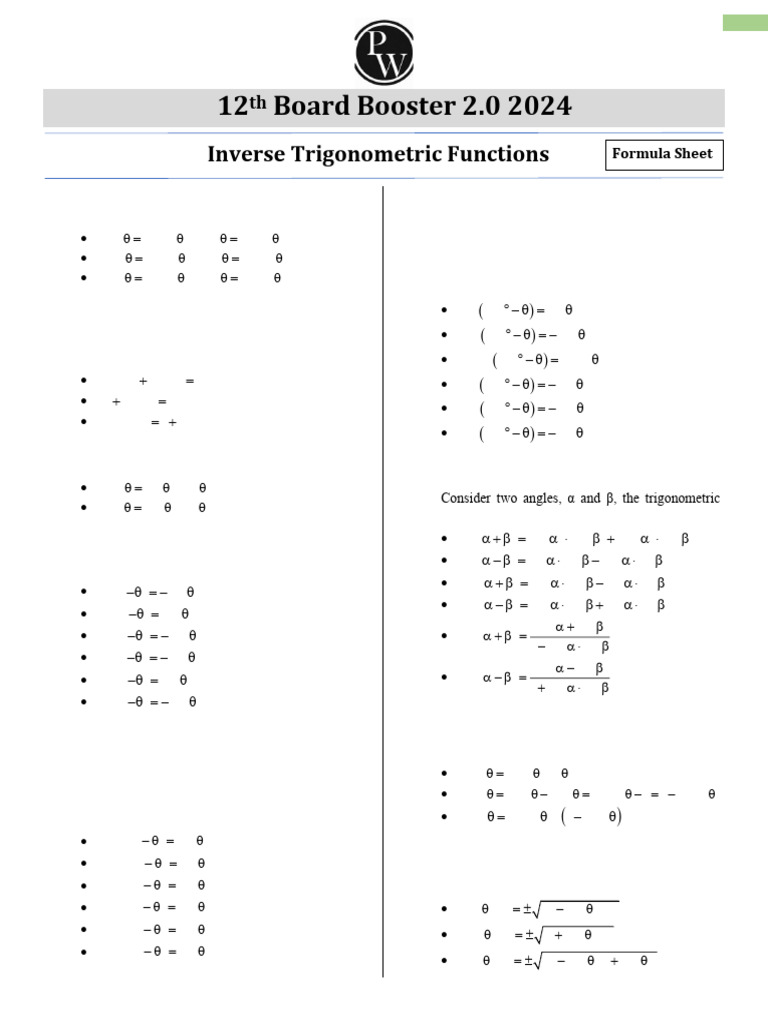 Inverse Trigonometric Functions - Formula Sheet - (12th Board Booster 2 ...