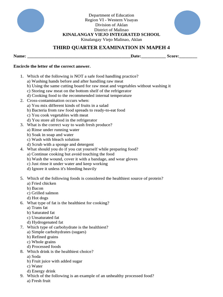 MAPEH 4 Third Quarter Exam: Food Safety | PDF | Foods | Fat