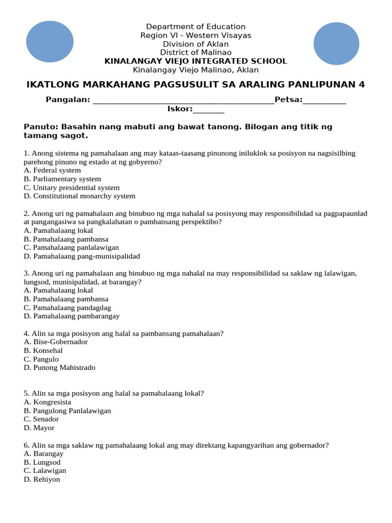 3rd Q Exam in AP4 | PDF