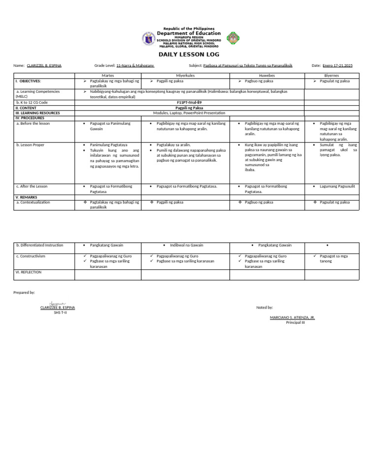 Daily Lesson Log: Department of Education | PDF