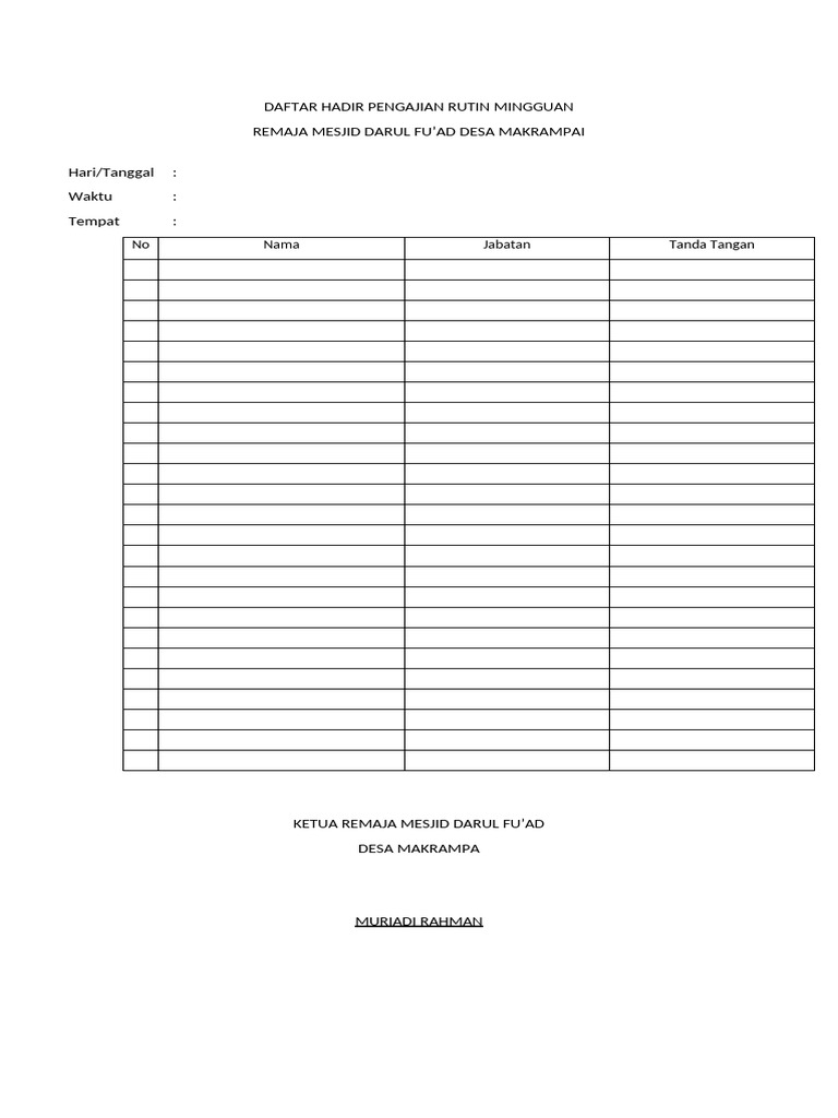 Daftar Hadir Mingguan RMDF | PDF