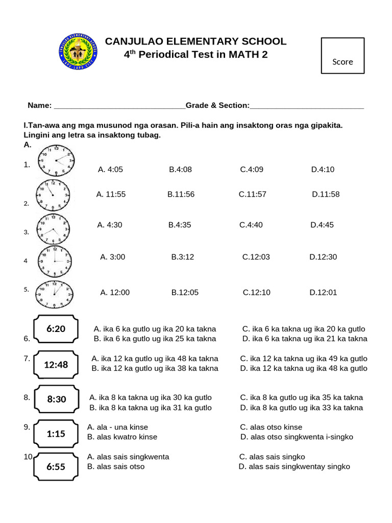 Corrected 4th Quarter Test MATH2024 | PDF