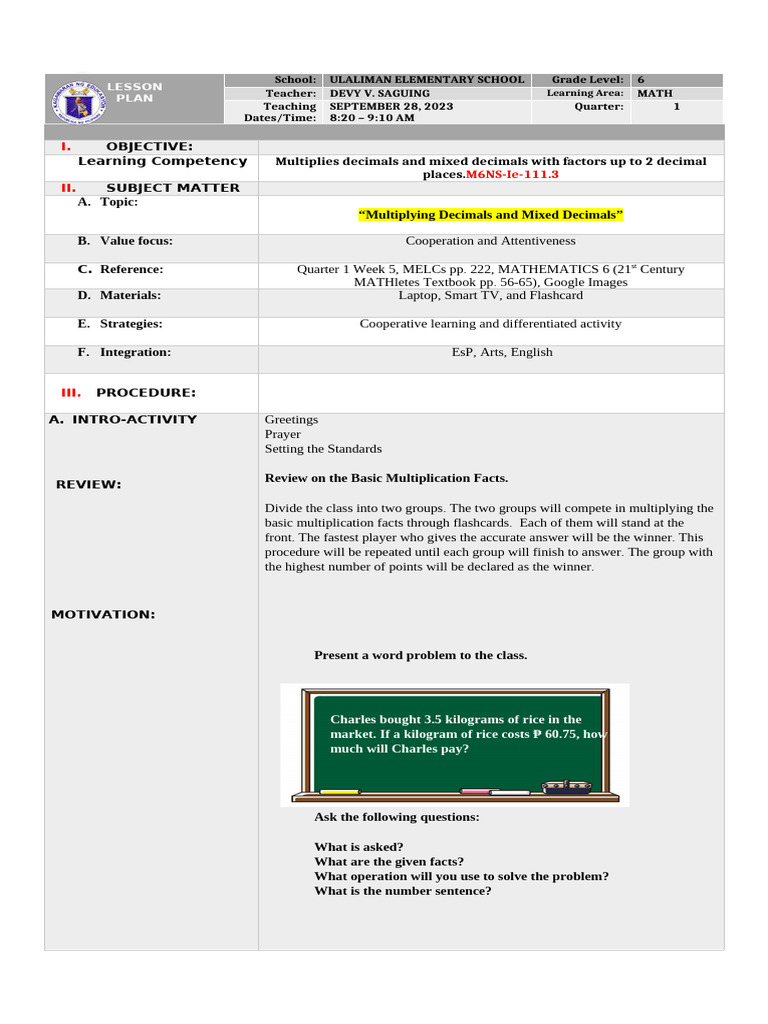 Grade 6 Math Lesson: Multiplying Decimals | PDF | Multiplication | Learning