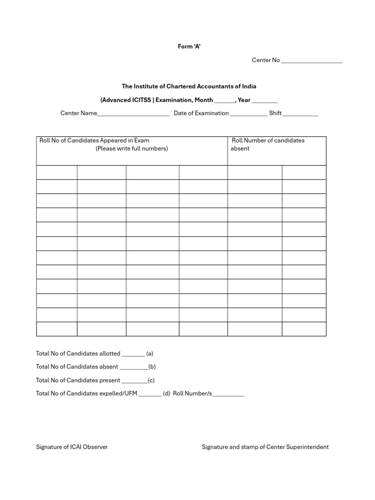 ICAI Exam Attendance Form Template | PDF