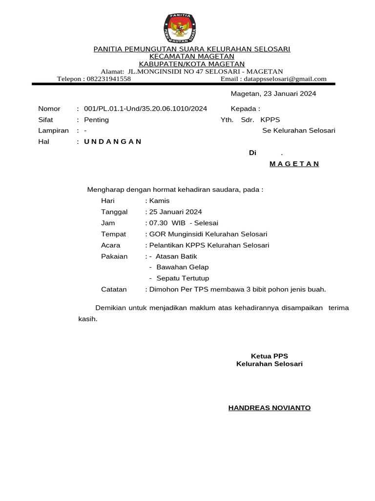 Undangan Pelantikan KPPS Selosari | PDF