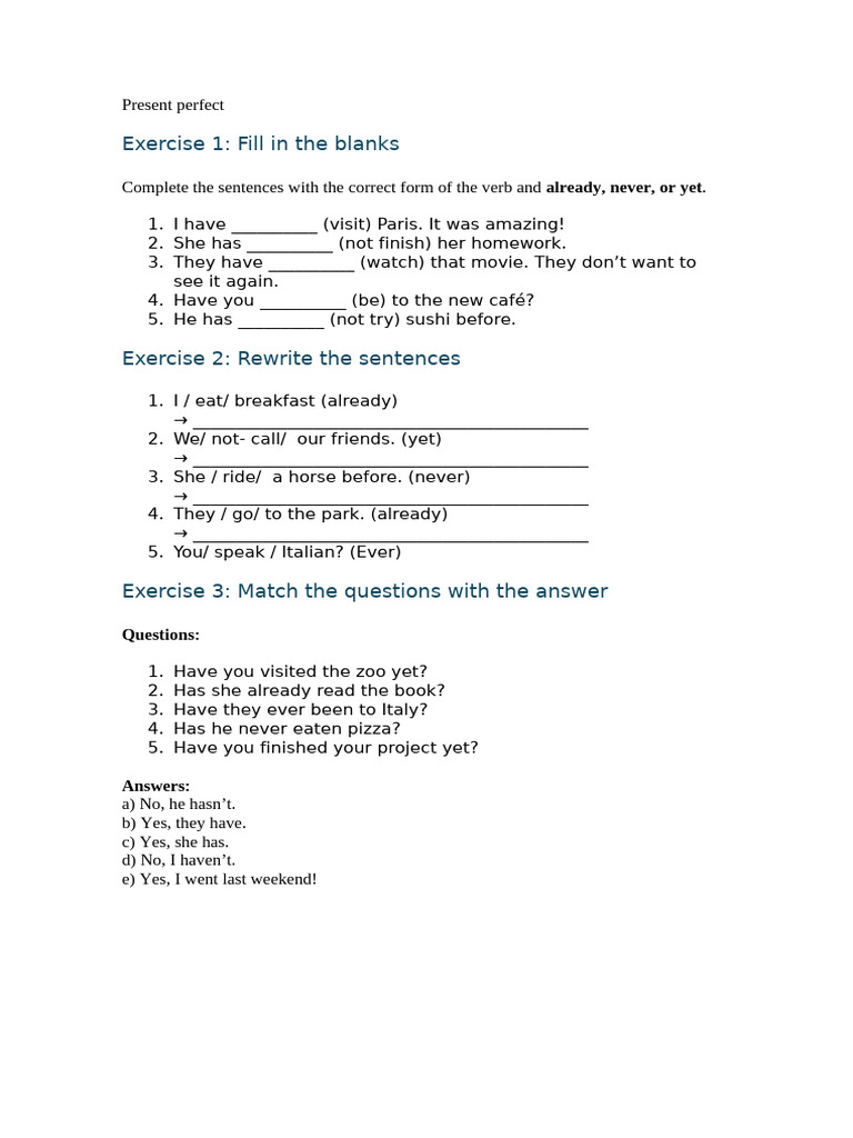 Present Perfect Practice | PDF