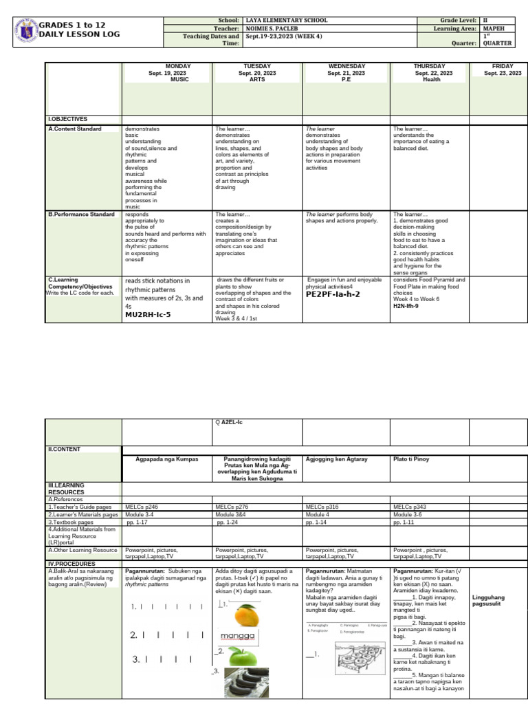 DLL MAPEH 2-Q1- W4-iloko | PDF
