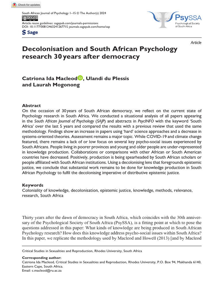 Macleod Et Al 2024 Decolonisation and South African Psychology Research ...