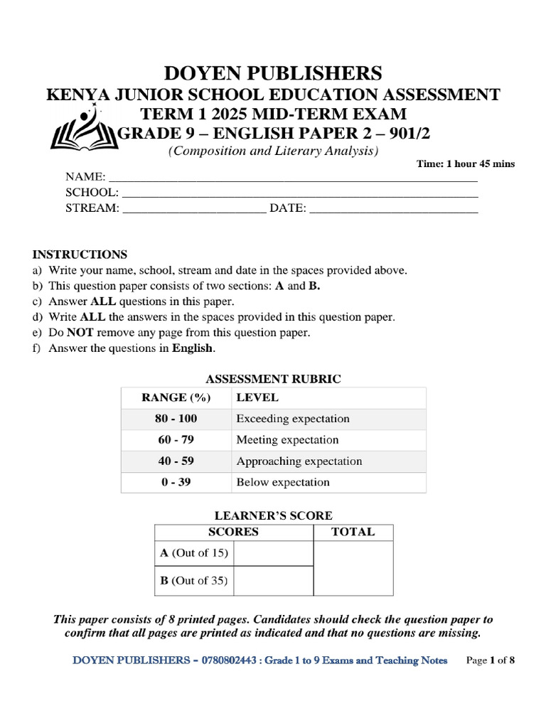 Grade 9 Eng PP2 Term 1 2025 Mid-Term Exam | PDF
