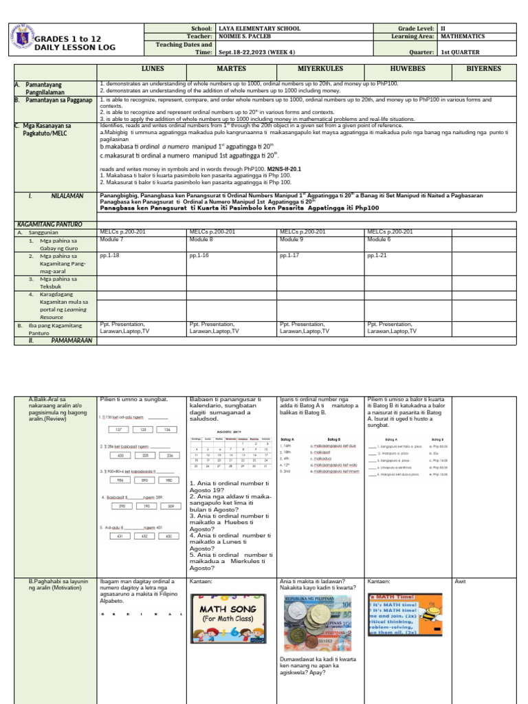 DLL - MATH 2-Q1-w4 - Iloko | PDF