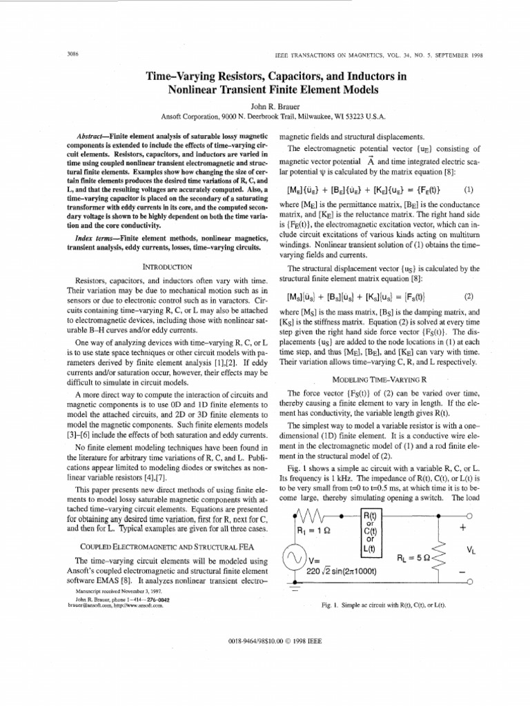 Time-Varying Resistors Capacitors and Inductors in Nonlinear Transient Finite Element Models ...