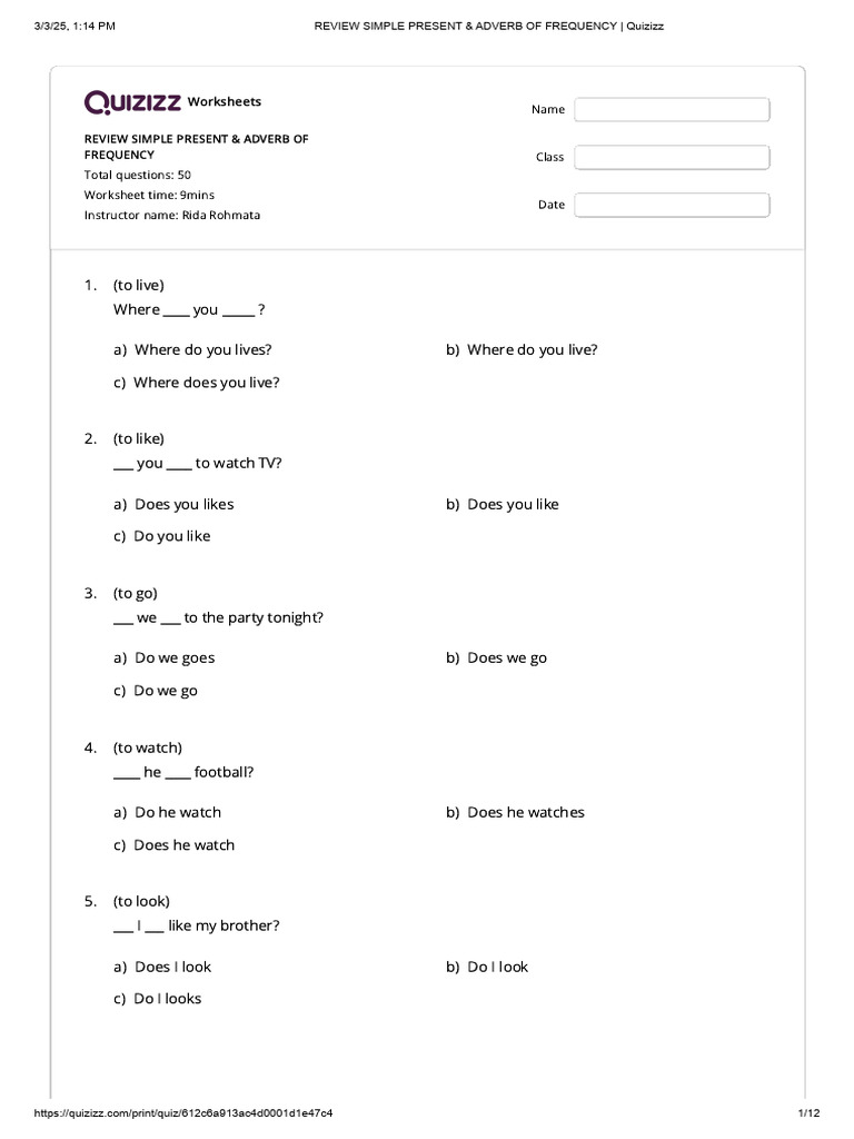 Review Simple Present & Adverb of Frequency _ Quizizz | PDF
