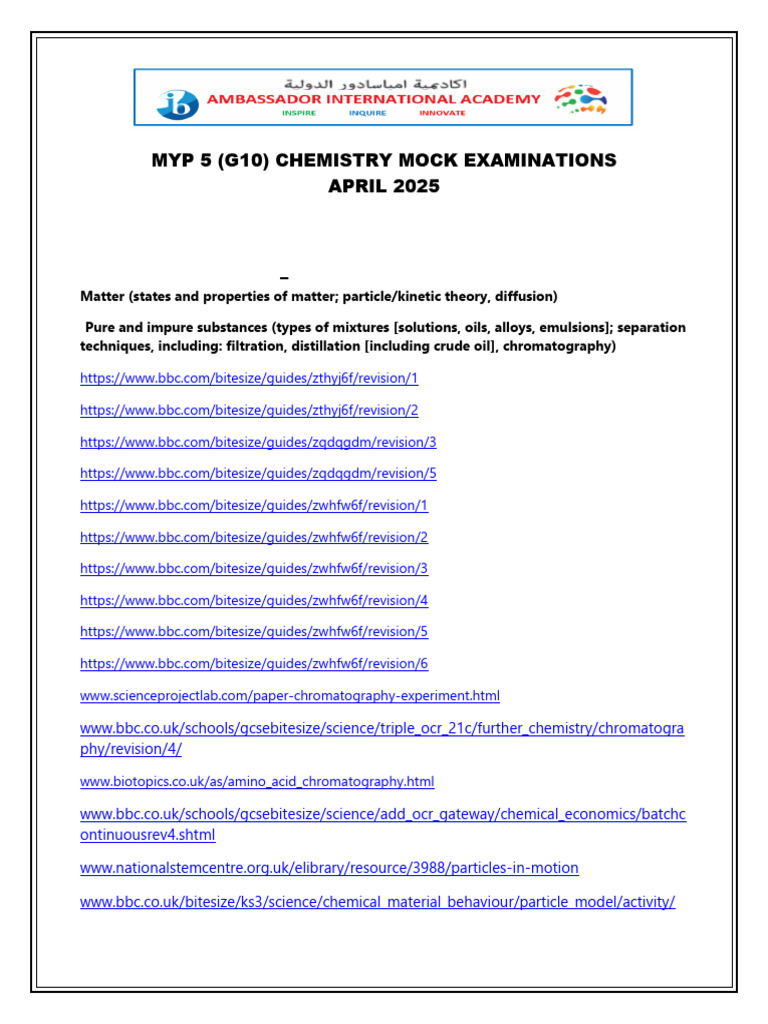 MYP 5 Chemistry Mock Exam Guide | PDF | Chemistry | Alkene