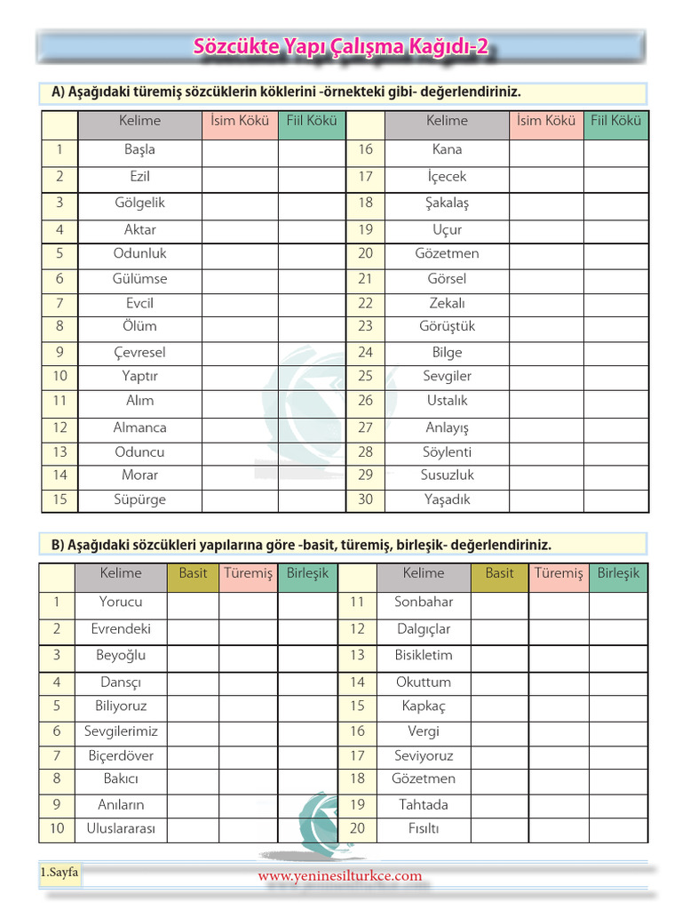 Sozcukte Yapi Calisma Kagidi 2 | PDF